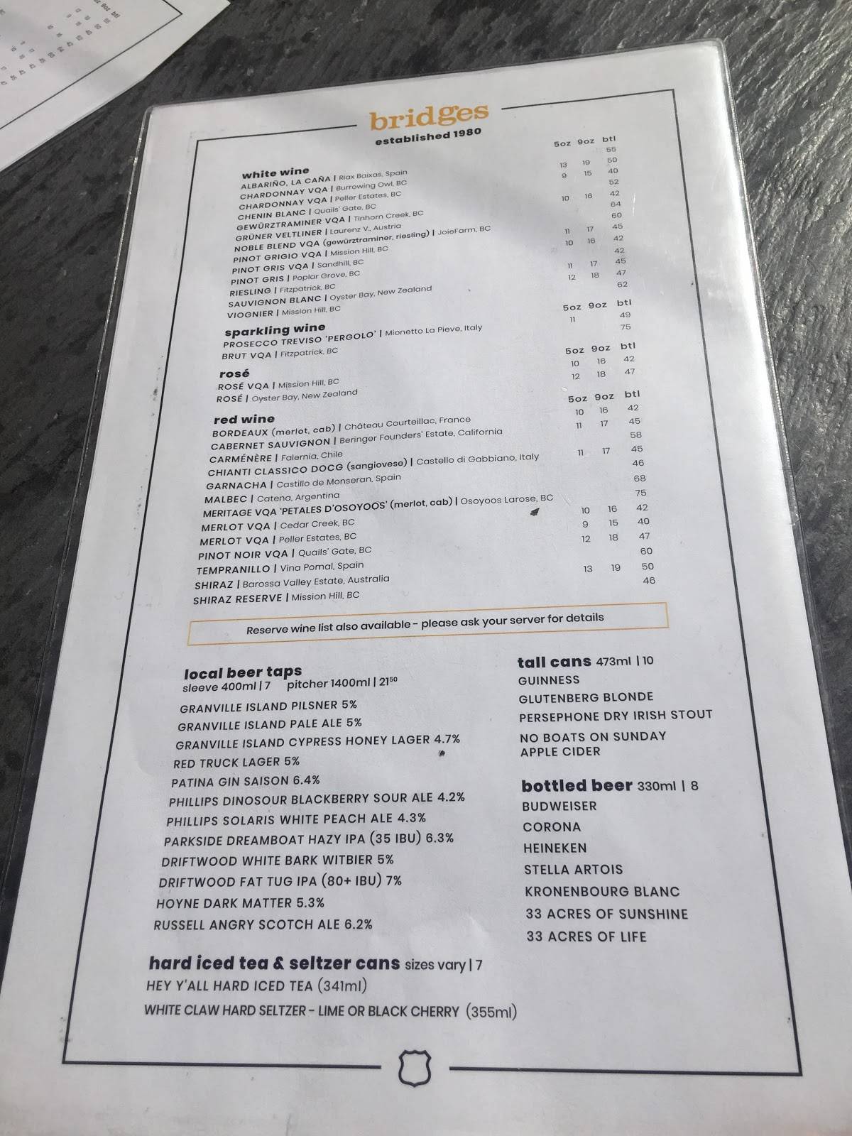 Menu at Bridges Restaurant, Vancouver, Duranleau St