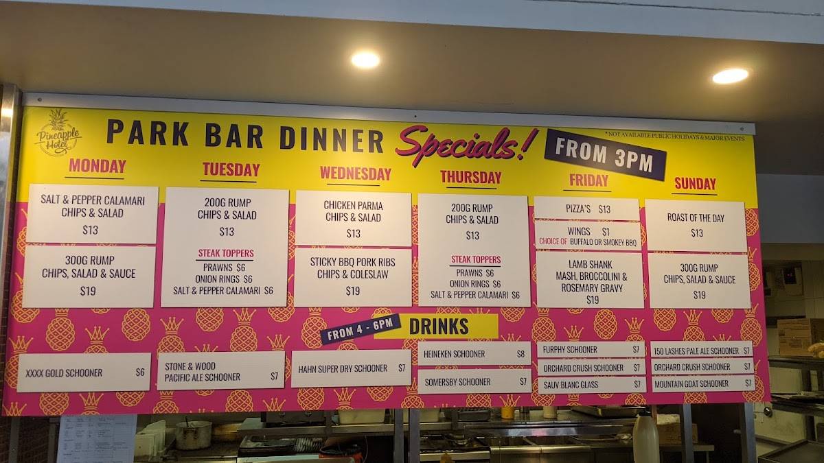 Menu at Pineapple Hotel pub & bar, Kangaroo Point, 706 Main St