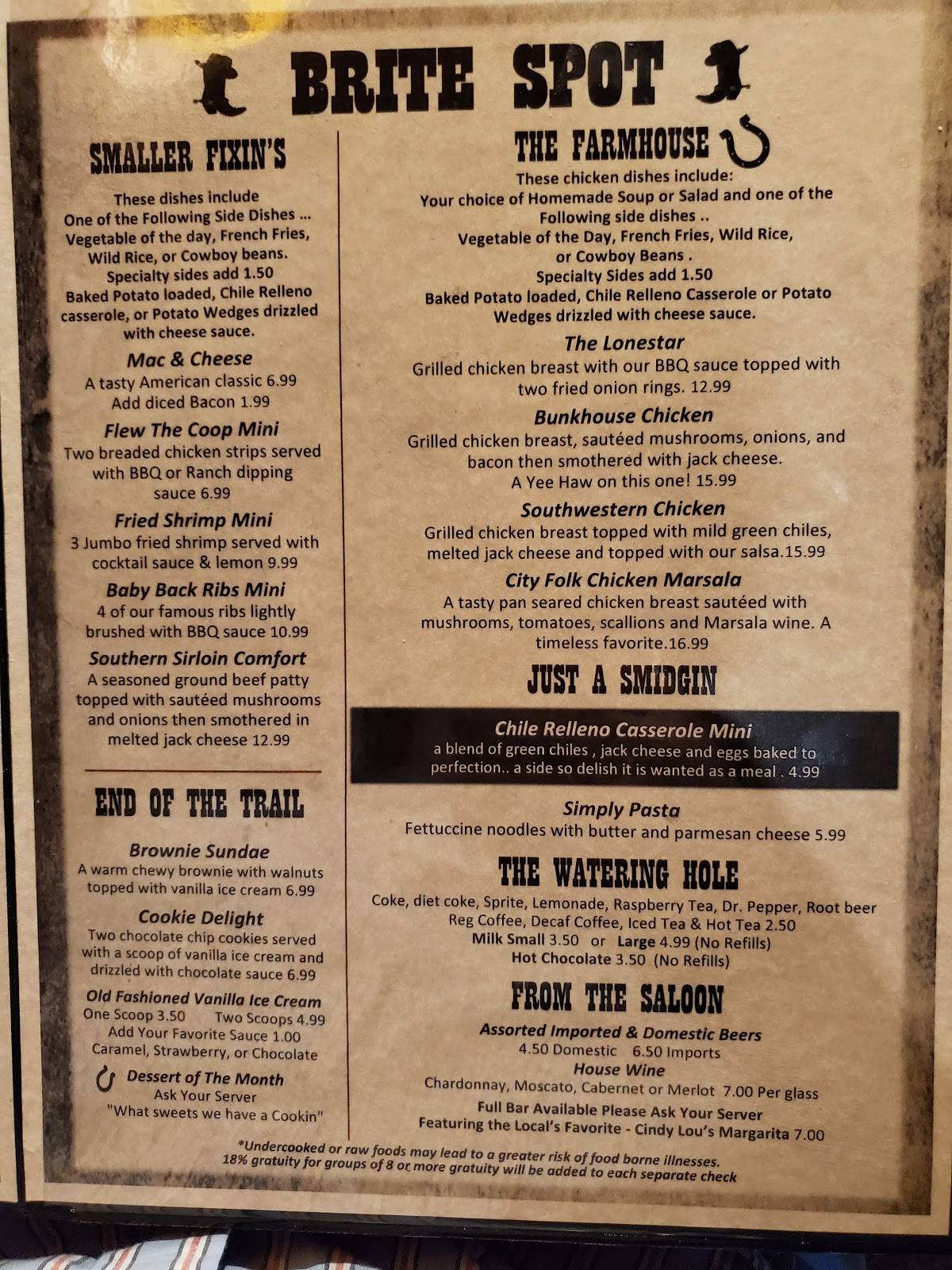 Menu at Brite Spot steakhouse, Sierra Vista Southeast, AZ-92