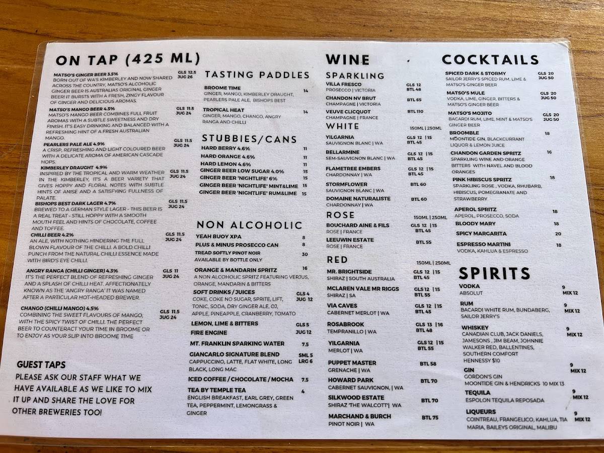 Menu at Matso's Broome Brewery restaurant, Broome, 60 Hamersley St