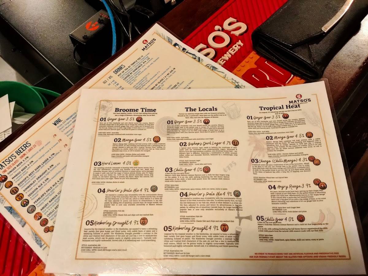 Menu at Matso's Broome Brewery restaurant, Broome, 60 Hamersley St