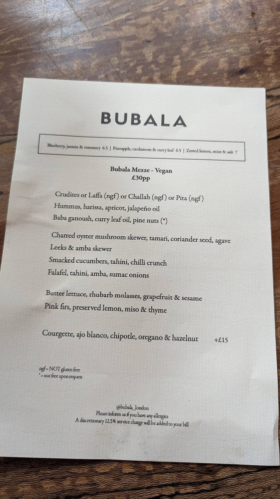 Menu at Bubala Soho restaurant, London