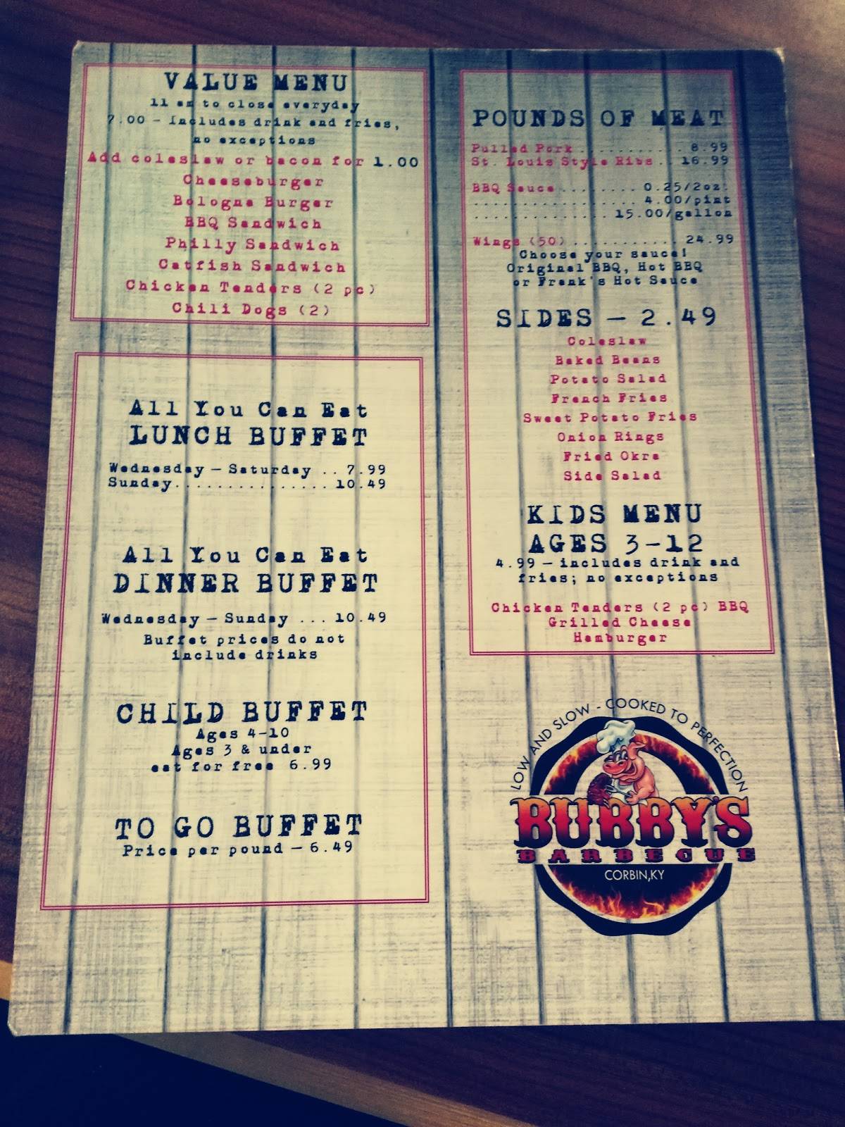 Menu at Bubby's BBQ, Corbin