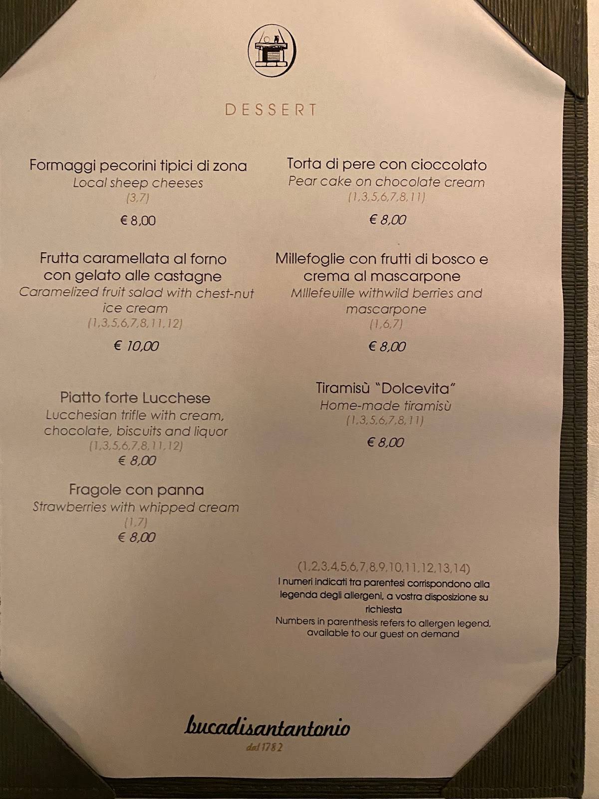 Menu at Buca di Sant'Antonio restaurant, Lucca