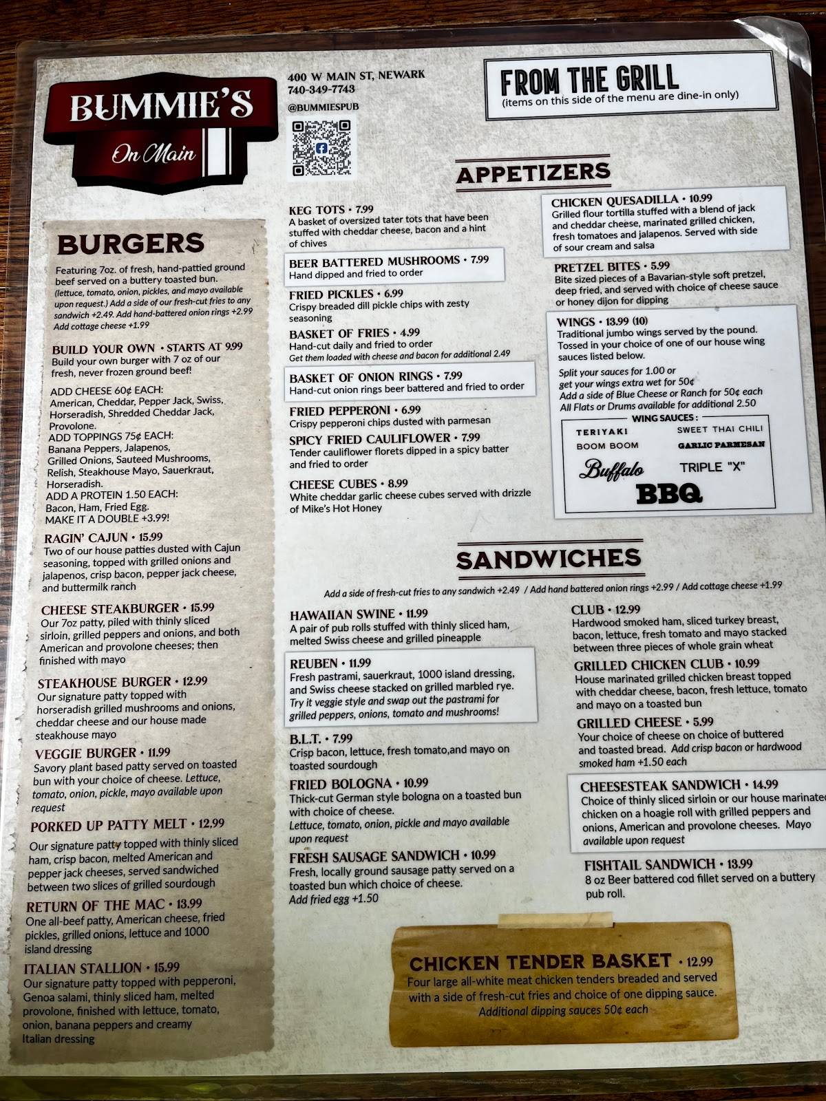Menu at Bummie's On Main restaurant, Newark