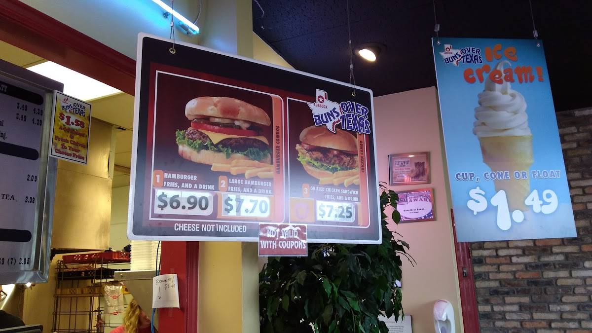 Menu at Buns Over Texas restaurant, Lubbock