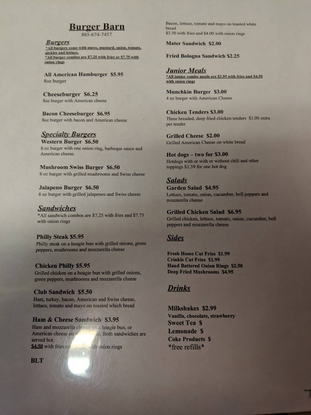 Menu at Burger Barn, White Pine, Leadvale Rd