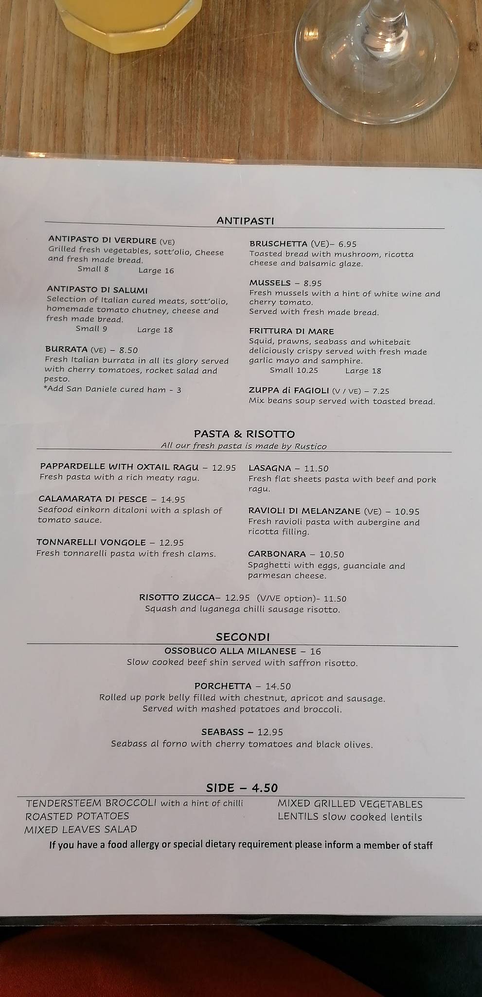 Menu at Rustico restaurant, Bury Saint Edmunds
