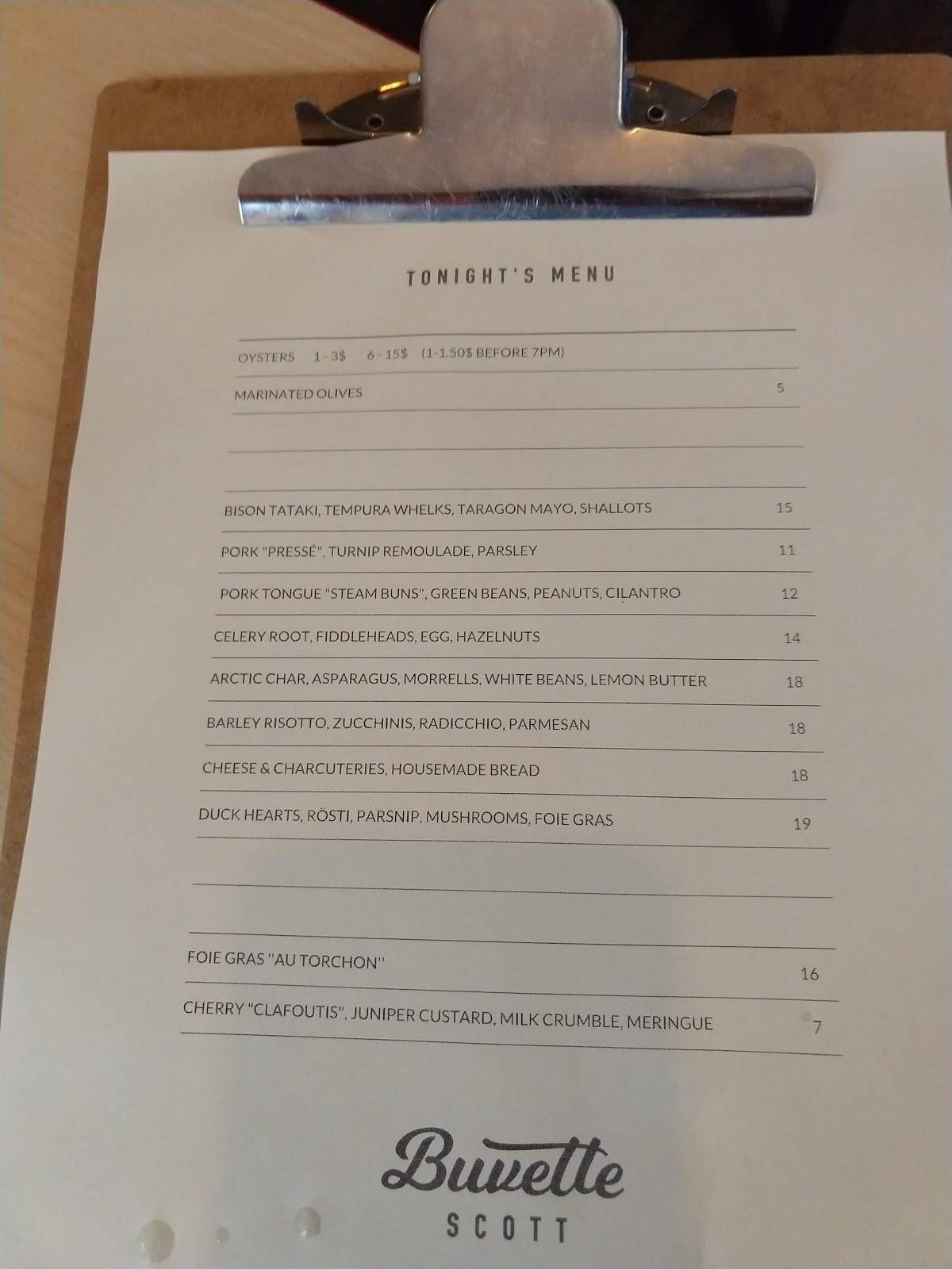 Menu au Buvette Scott pub et bar, Québec