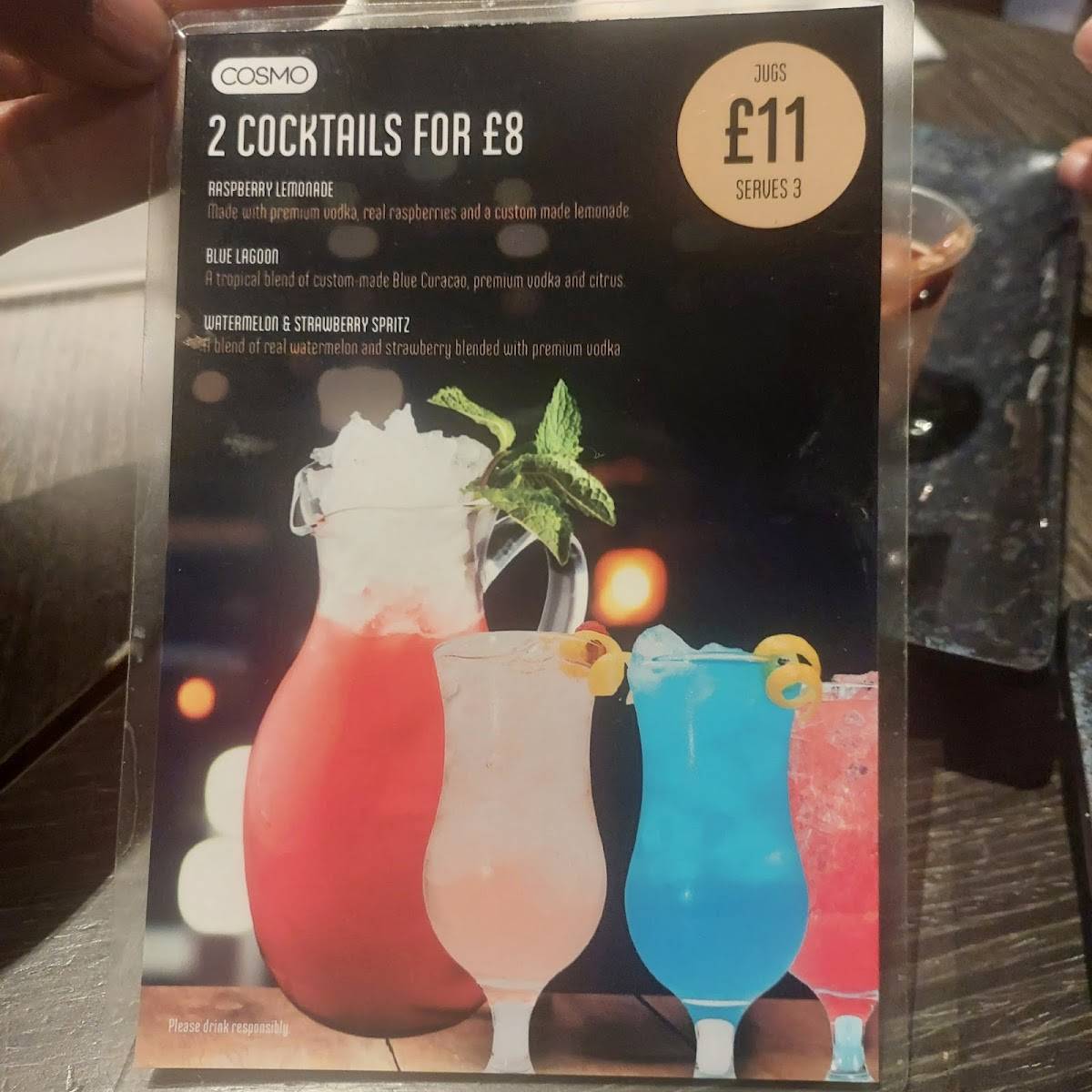 Menu at COSMO restaurant, Reading