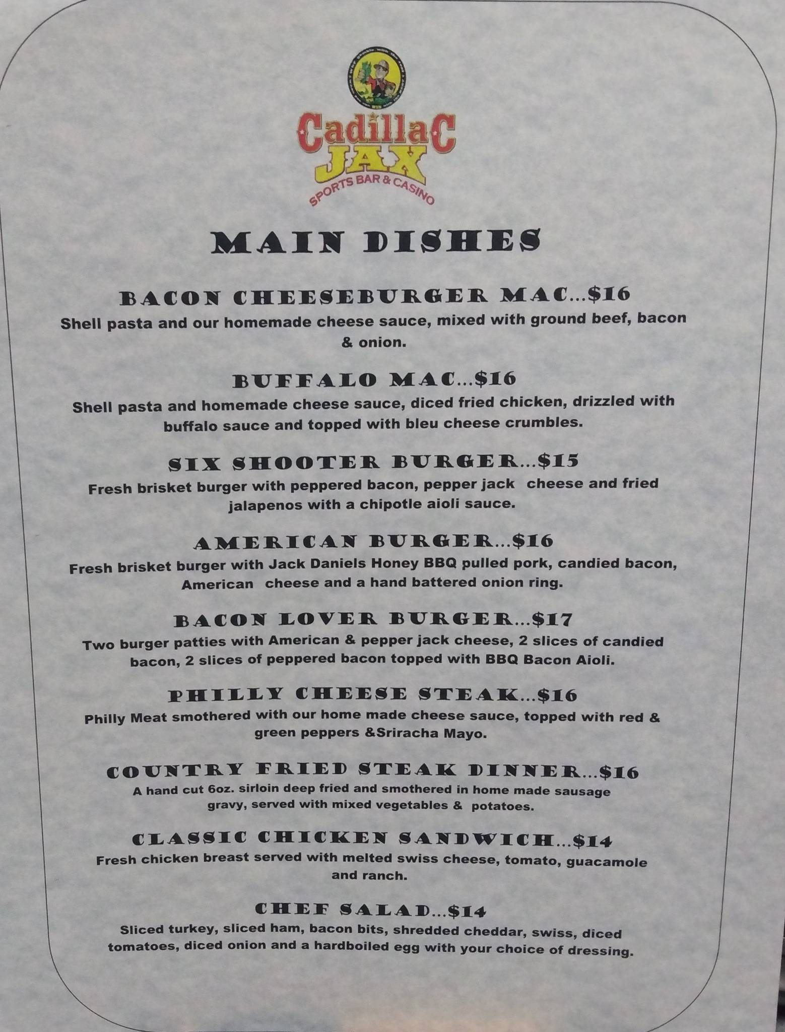 Menu at Cadillac Jax Bar & Grill, Billings