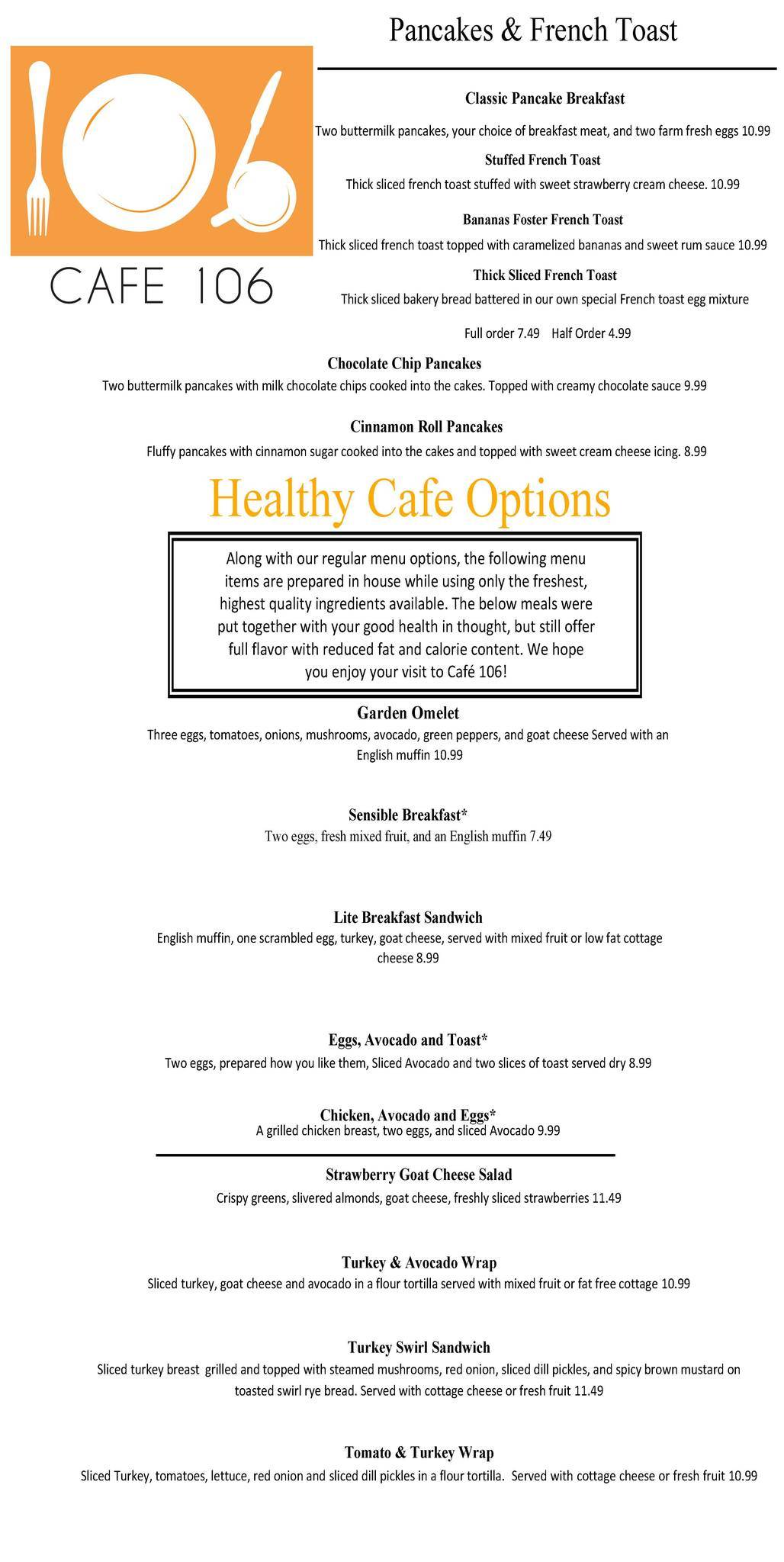 Menu at Cafe 106, Ludington