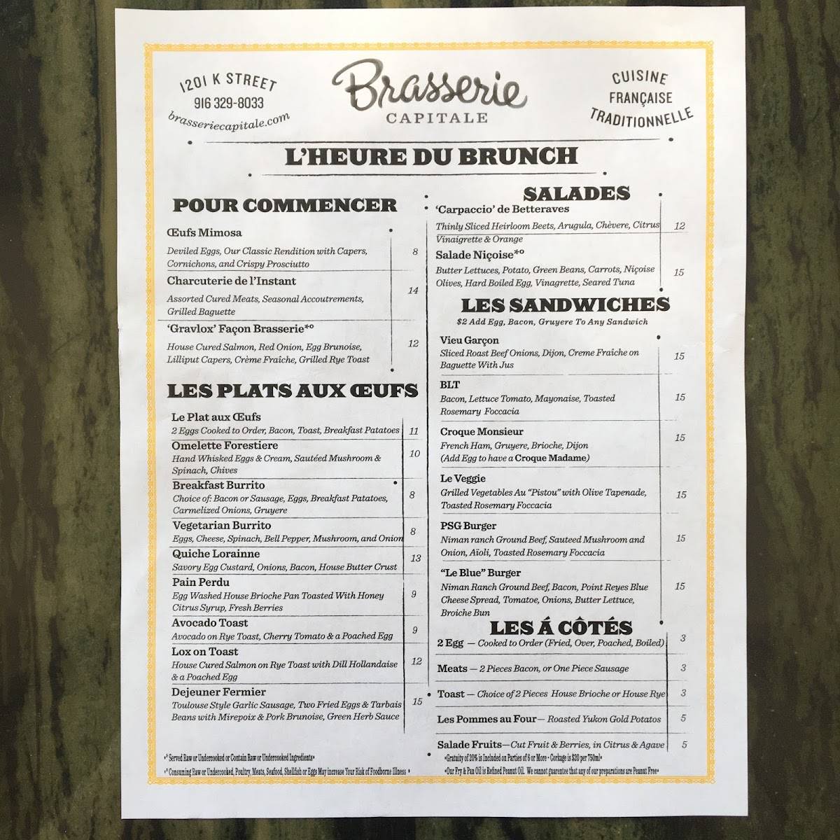 Menu at Café Á Côté pub & bar, Sacramento