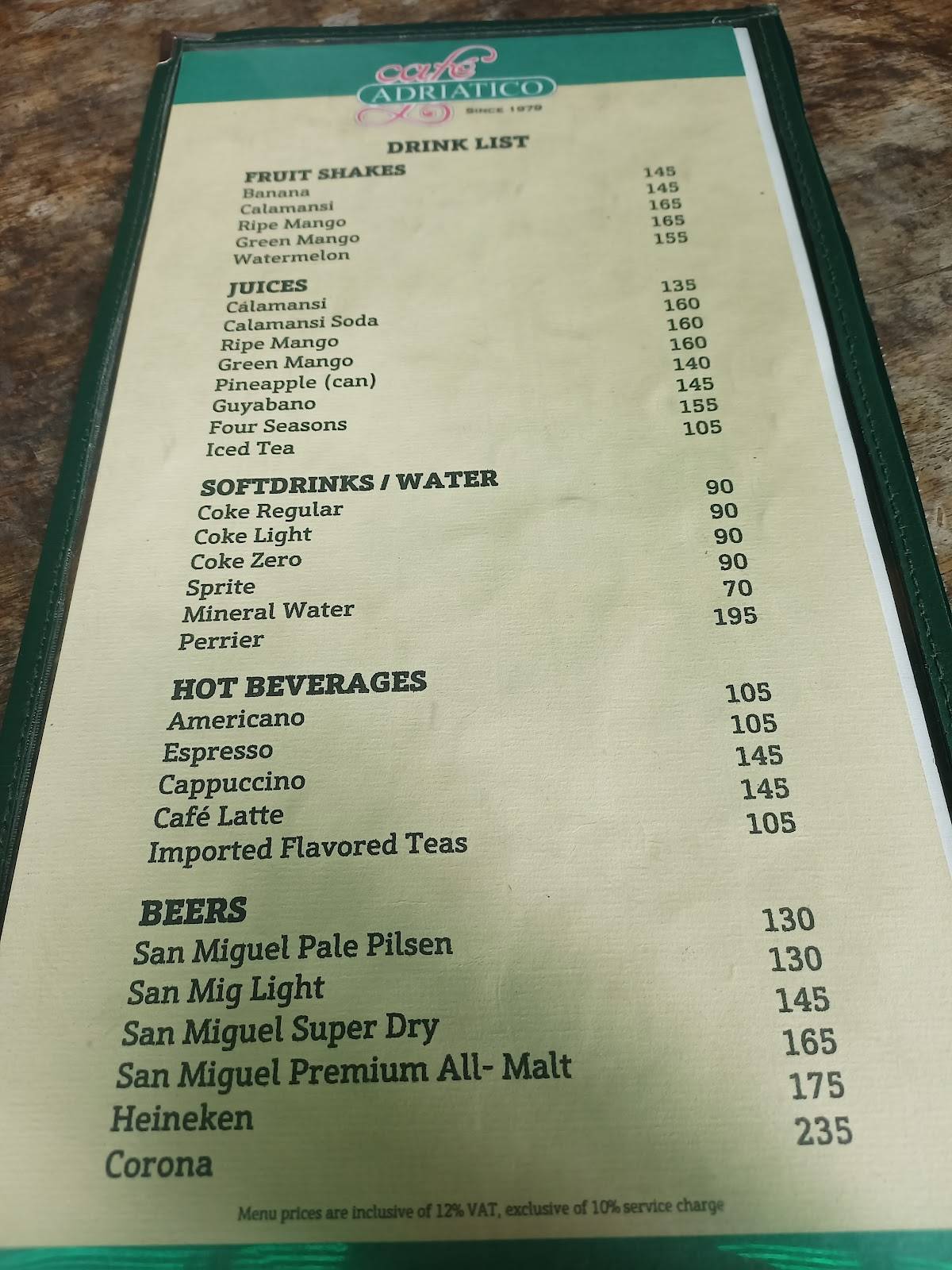 Menu at Cafe Adriatico, Manila, M. Adriatico St