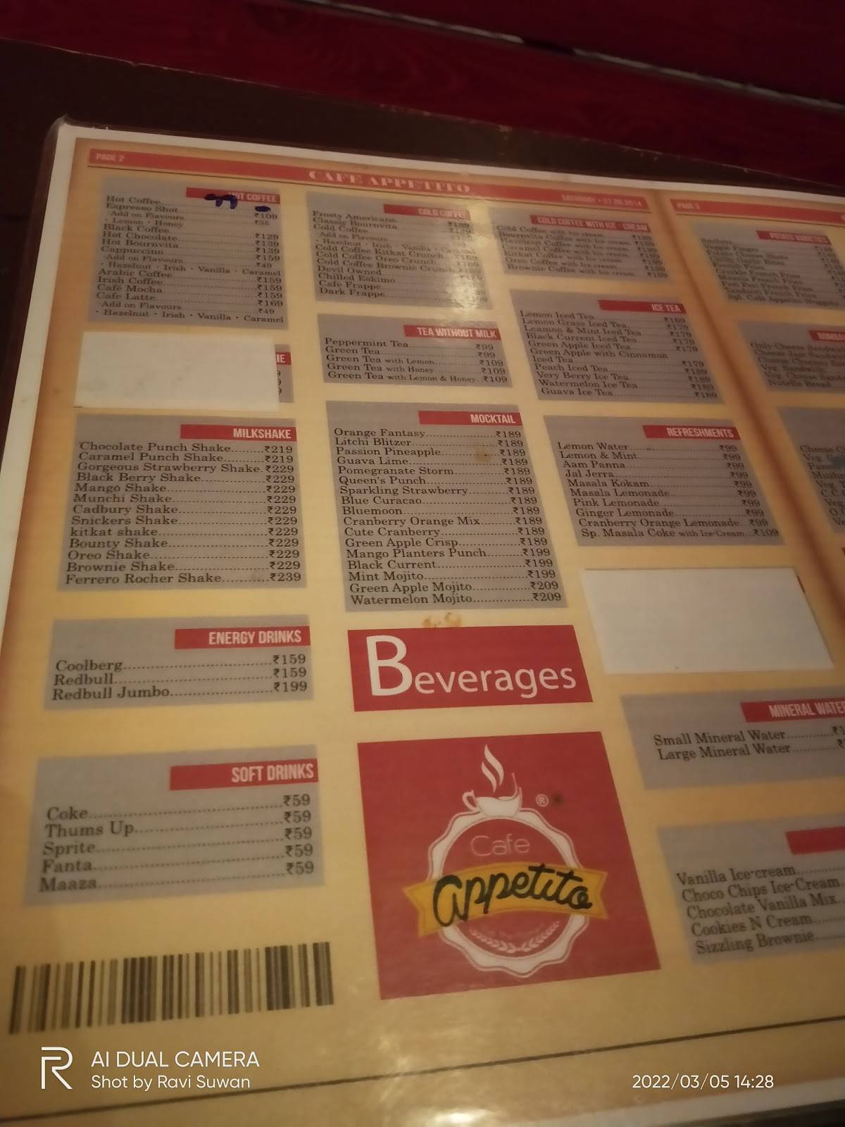 Menu at Cafe Appetito, Anand