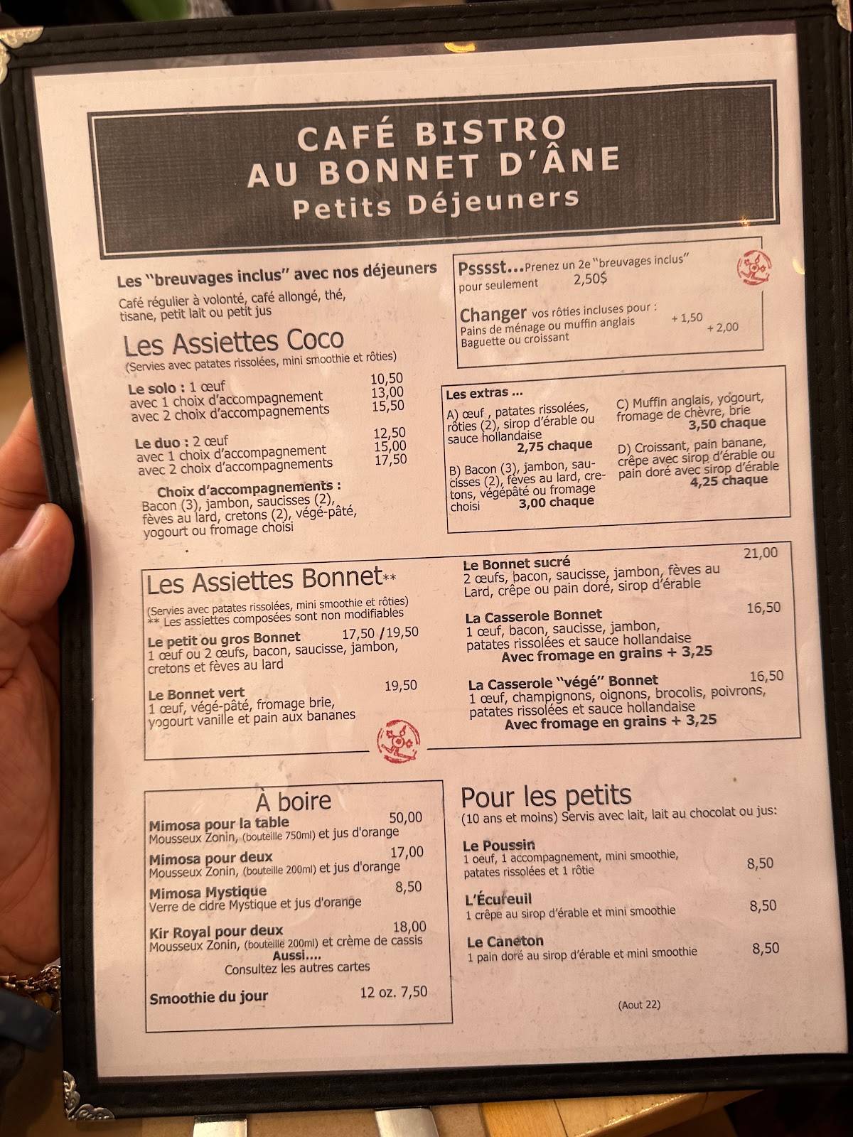 Menu au Cafe-Bistro Au Bonnet D'âne, Québec, 298 Rue Saint Jean