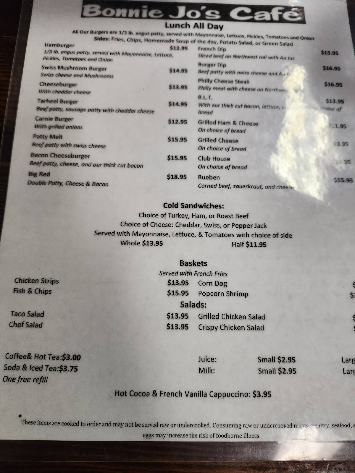Menu at Bonnie Jo's cafe, Sedro-Woolley