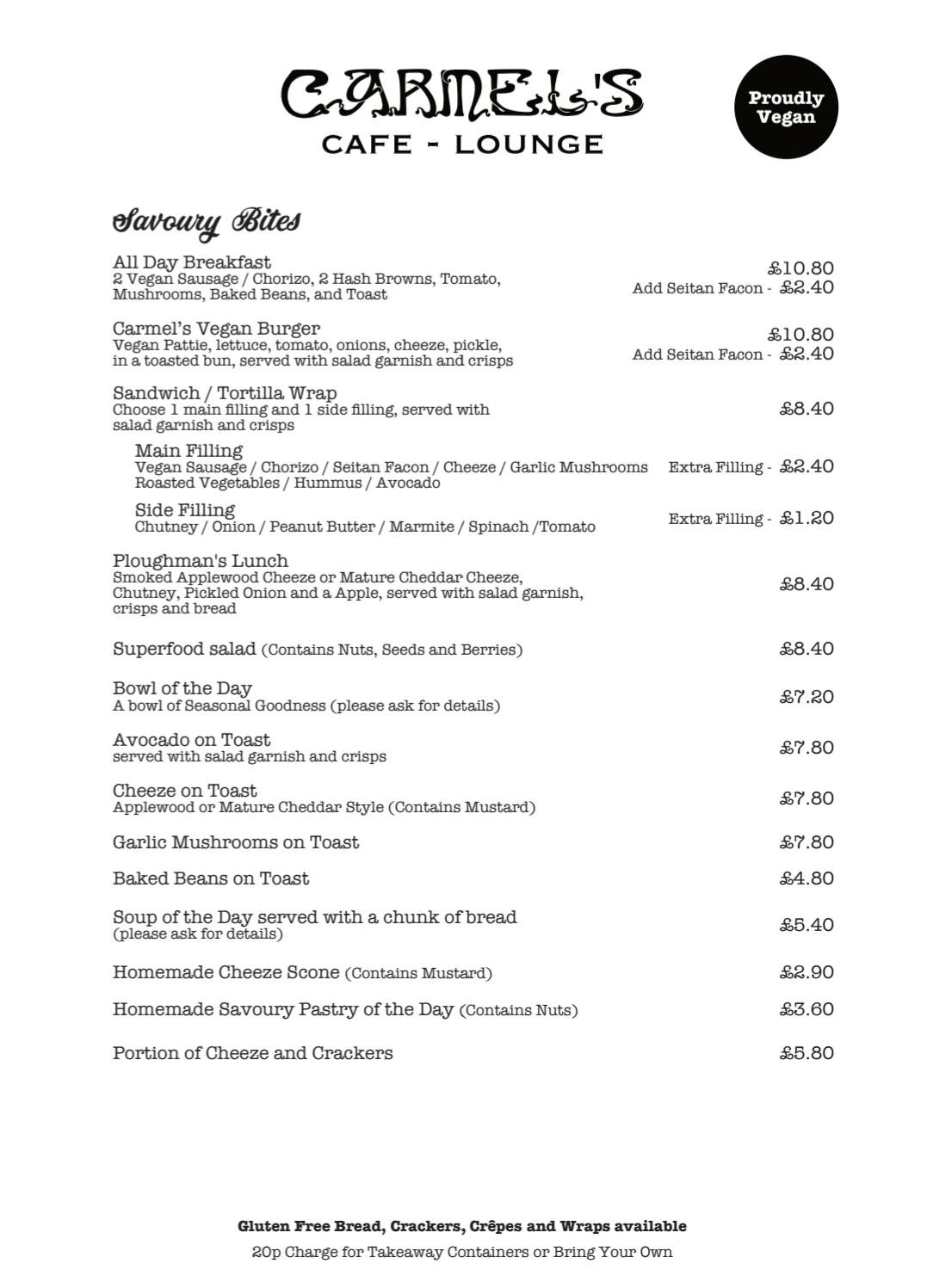 Menu at Cafe Carmel, Bacton