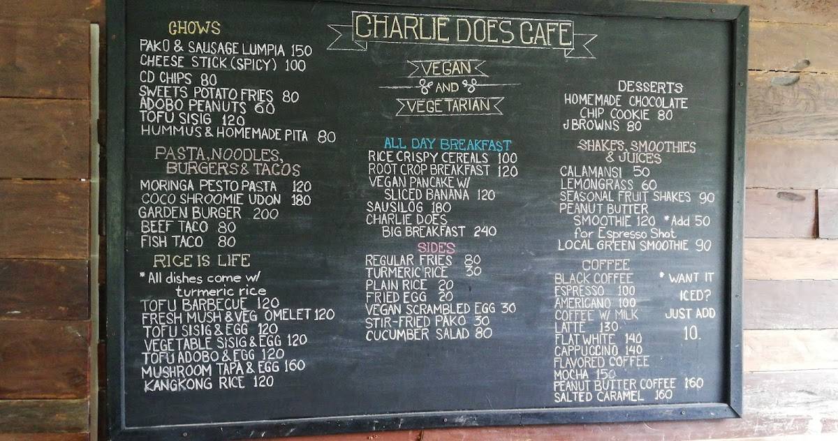 Menu at Charlie Does cafe, Baler