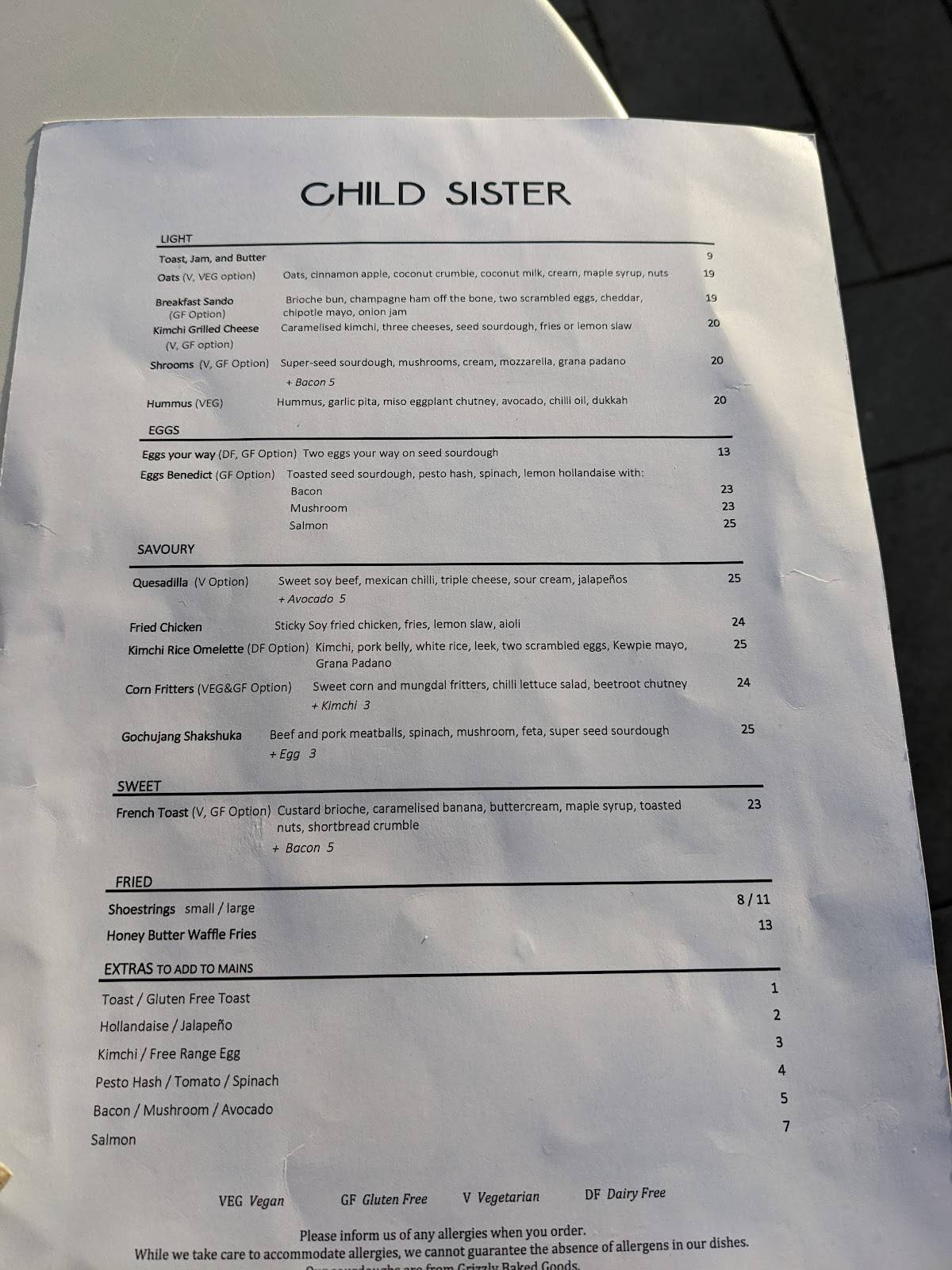 Menu at Child Sister cafe, Christchurch