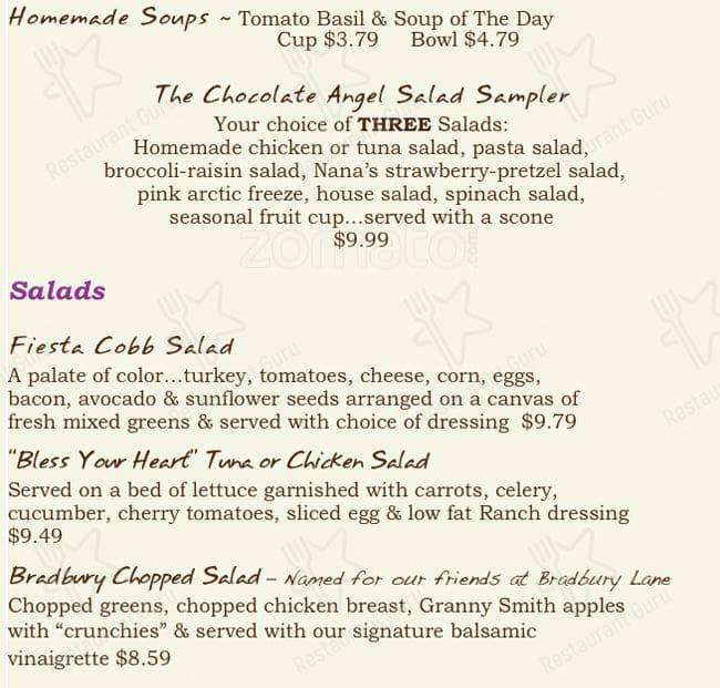 Menu at Chocolate Angel Cafe & Tea Room, Richardson