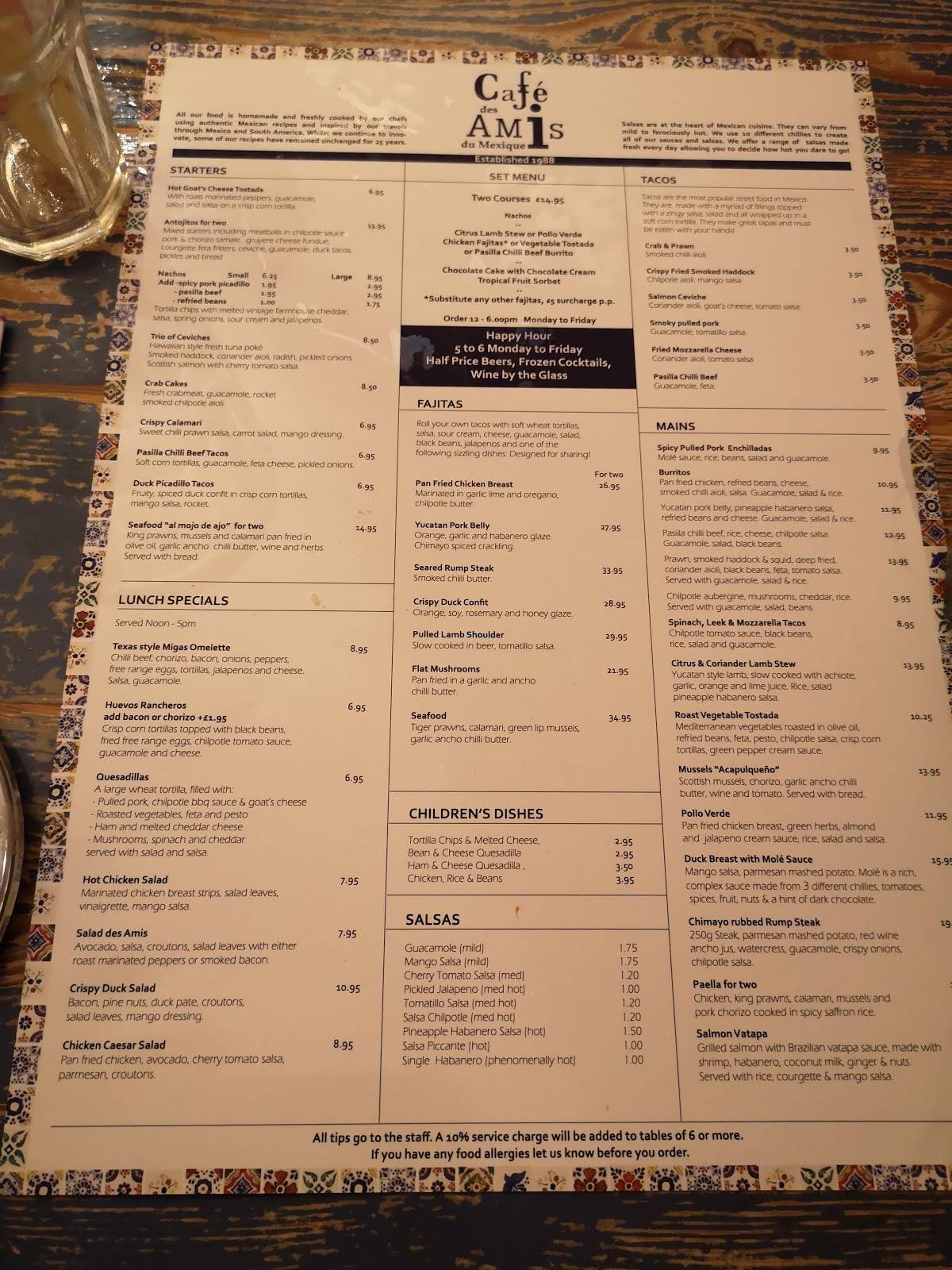 Menu at Café des Amis restaurant, Canterbury
