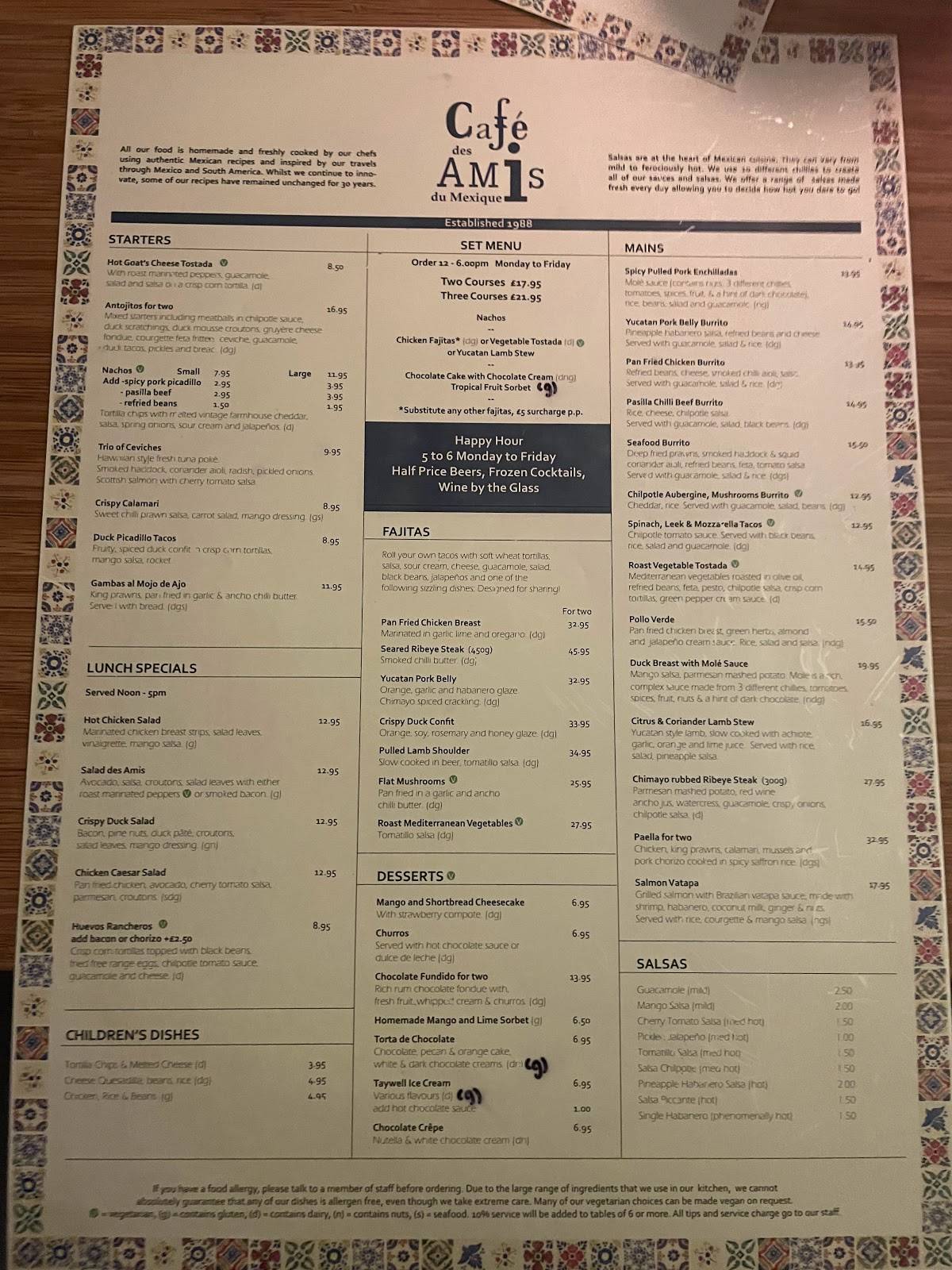 Menu at Café des Amis restaurant, Canterbury