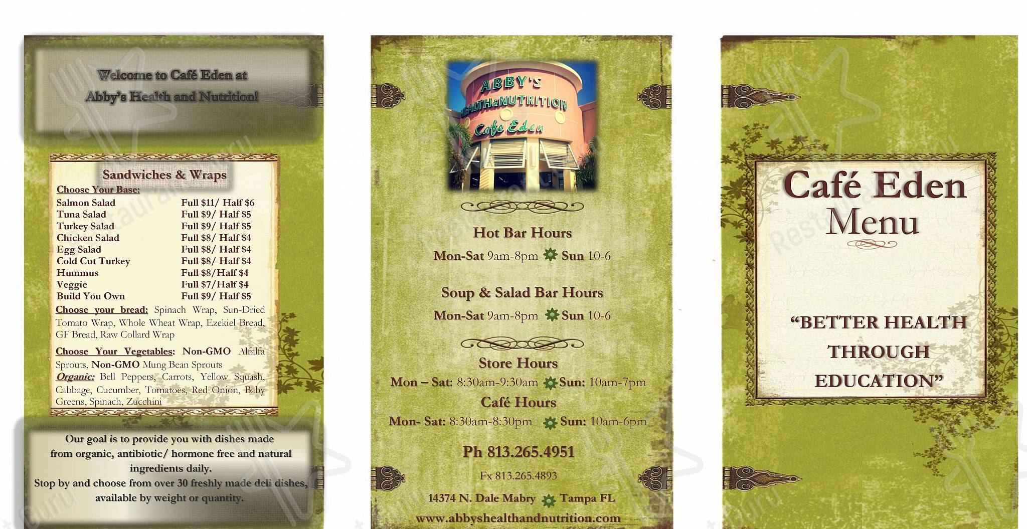 Menu at Cafe Eden, Tampa