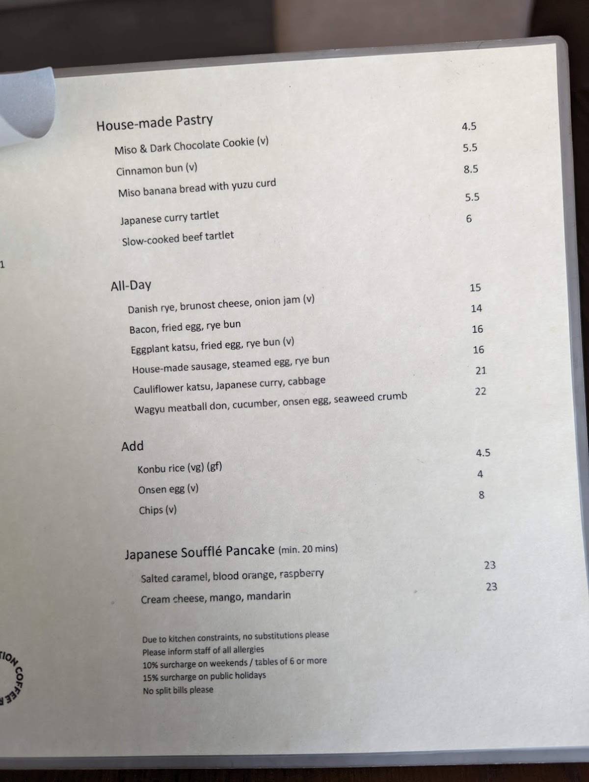 Menu at Edition Roasters cafe, Sydney, 60 Darling Dr