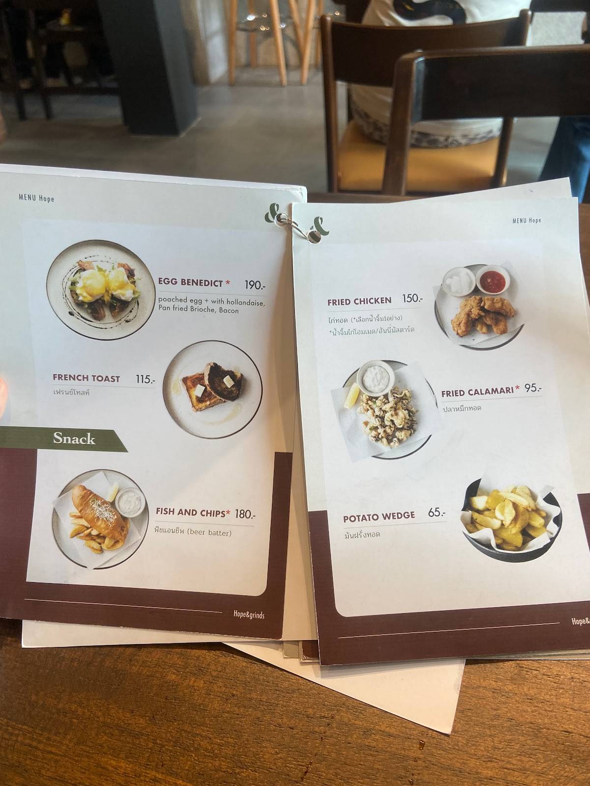 Menu at Hope and grinds restaurant, Lampang