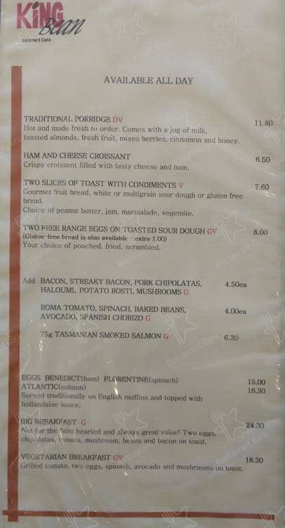 Menu at King Bean Cafe, Wantirna, Boronia Rd