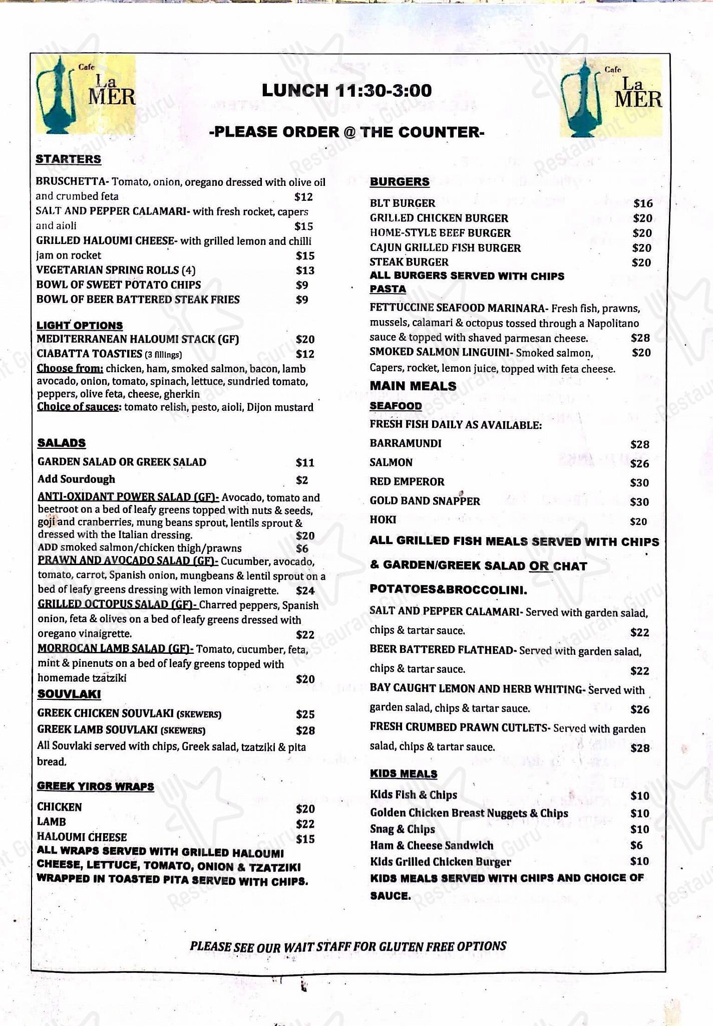 Menu at Cafe La Mer, Lota