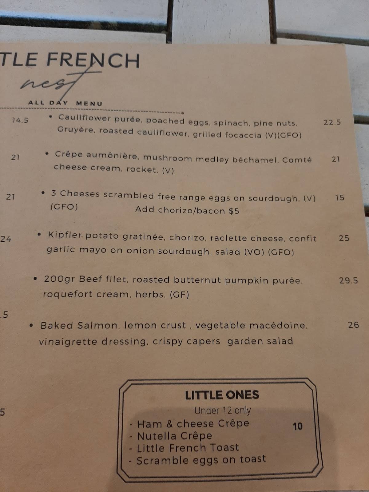 Menu at Little French Nest cafe, Fremantle