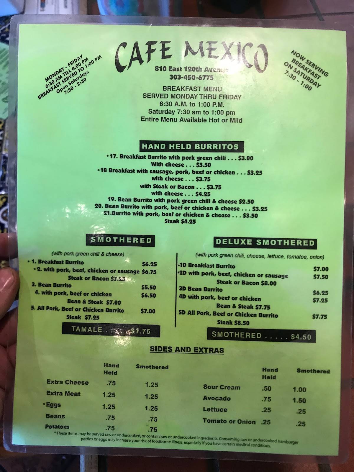 Menu at Cafe Mexico, Northglenn, 810 E 120th Ave