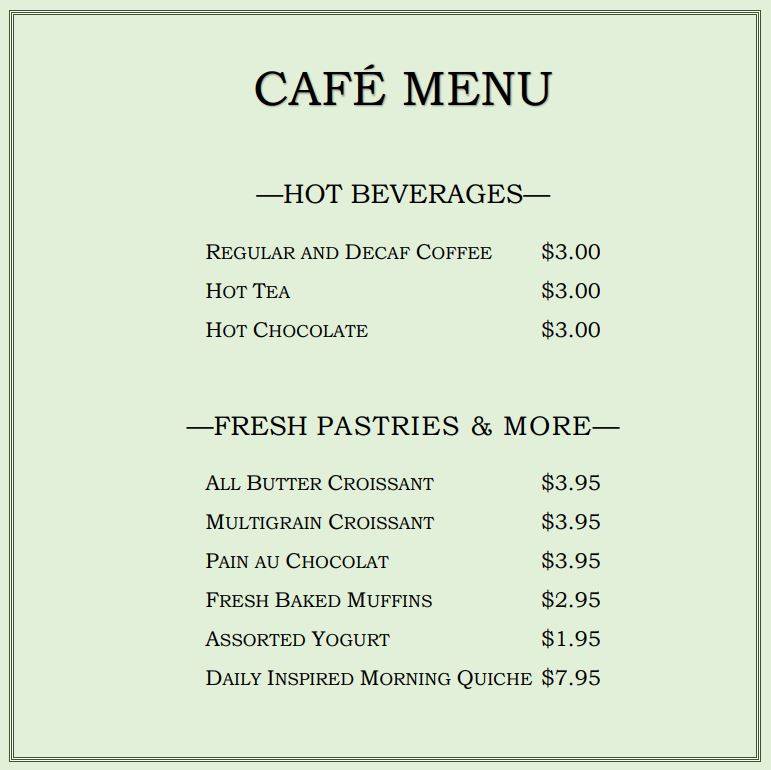 Menu at Museum Café cafe, Williamsburg, 326 Francis St W
