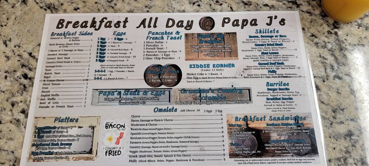 Menu at Papa J's Diner cafe, Inverness, Hwy 44 W