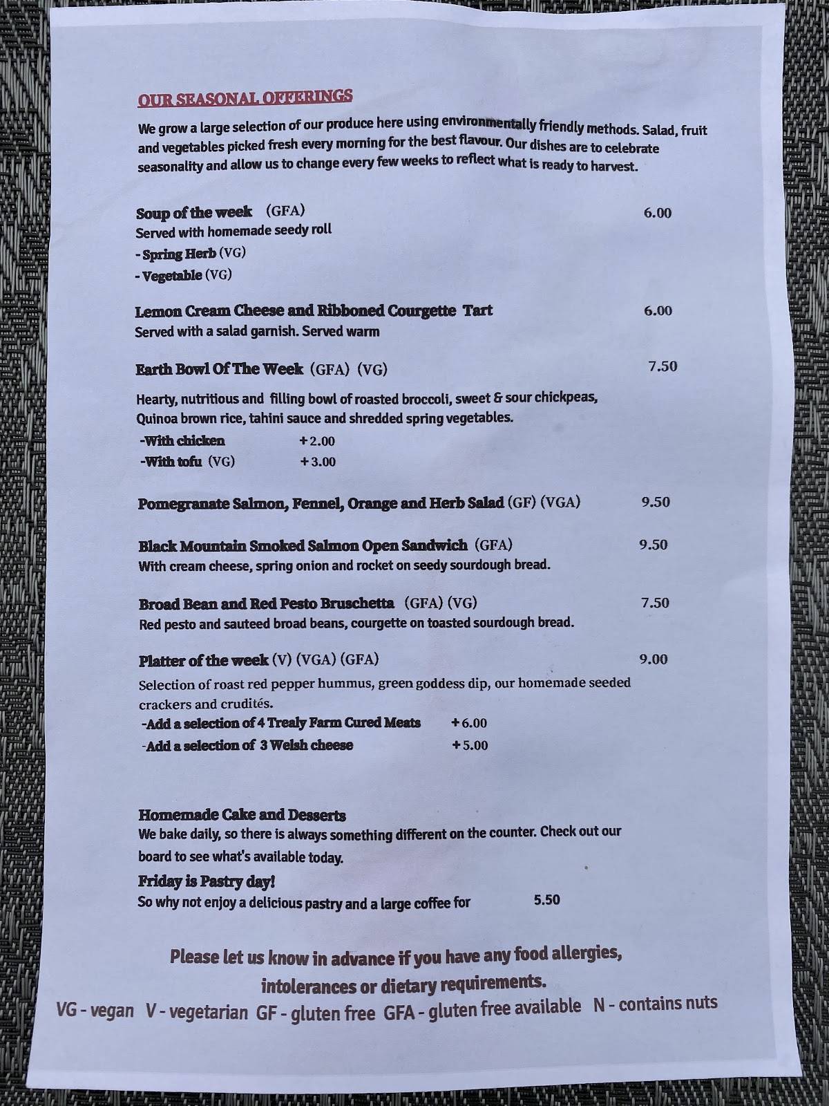 Menu at Red Onion Garden Cafe, Fishguard, Glasfryn Farm