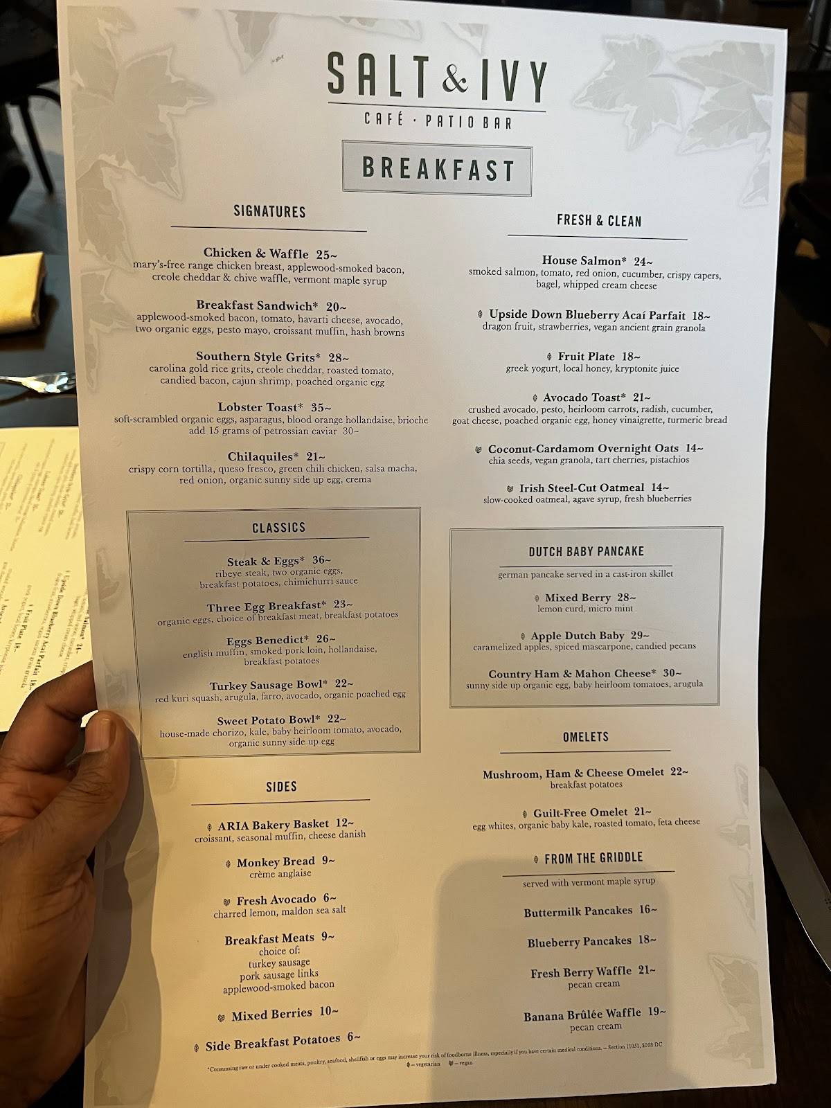 Menu at Salt & Ivy cafe, Las Vegas