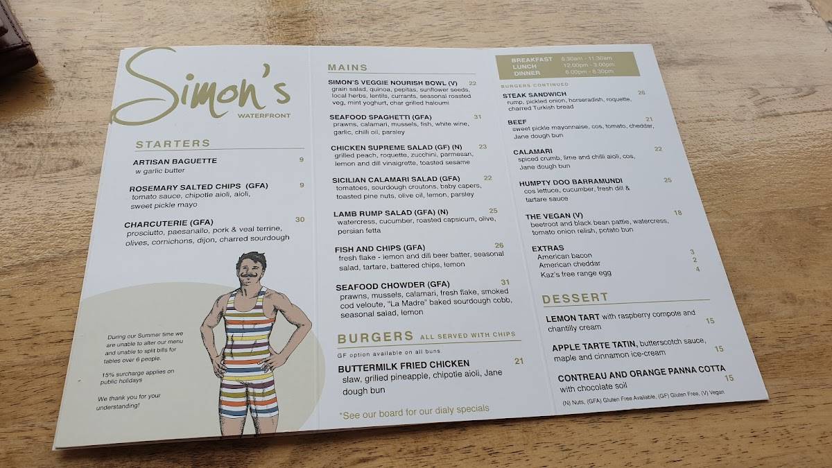 Menu at Simon's Waterfront cafe, Warrnambool