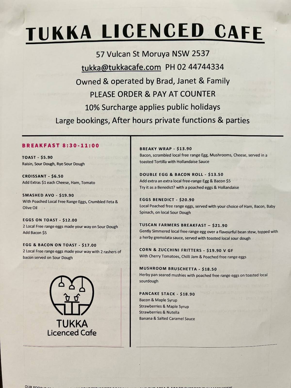 Menu at TUKKA Licenced Cafe, Moruya