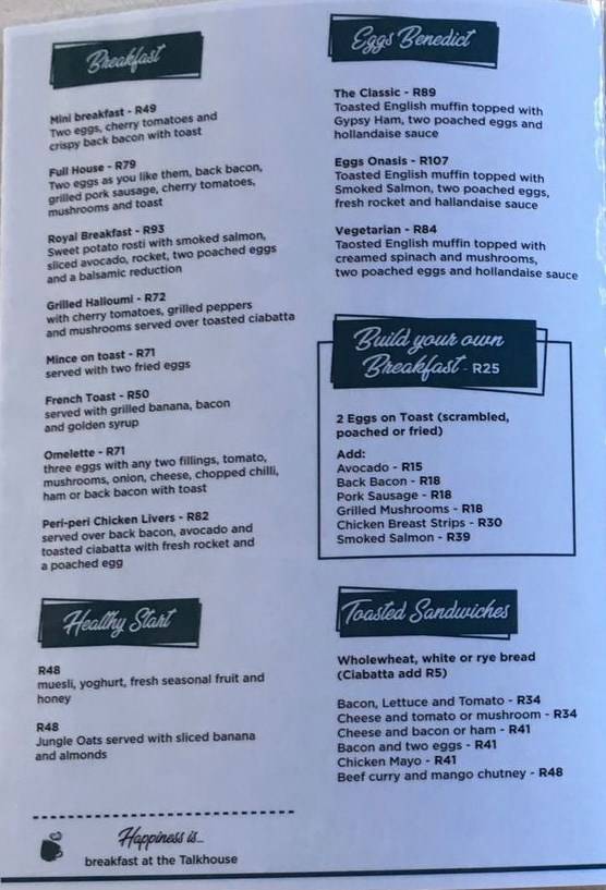 Menu at The Talkhouse Café cafe, Durban
