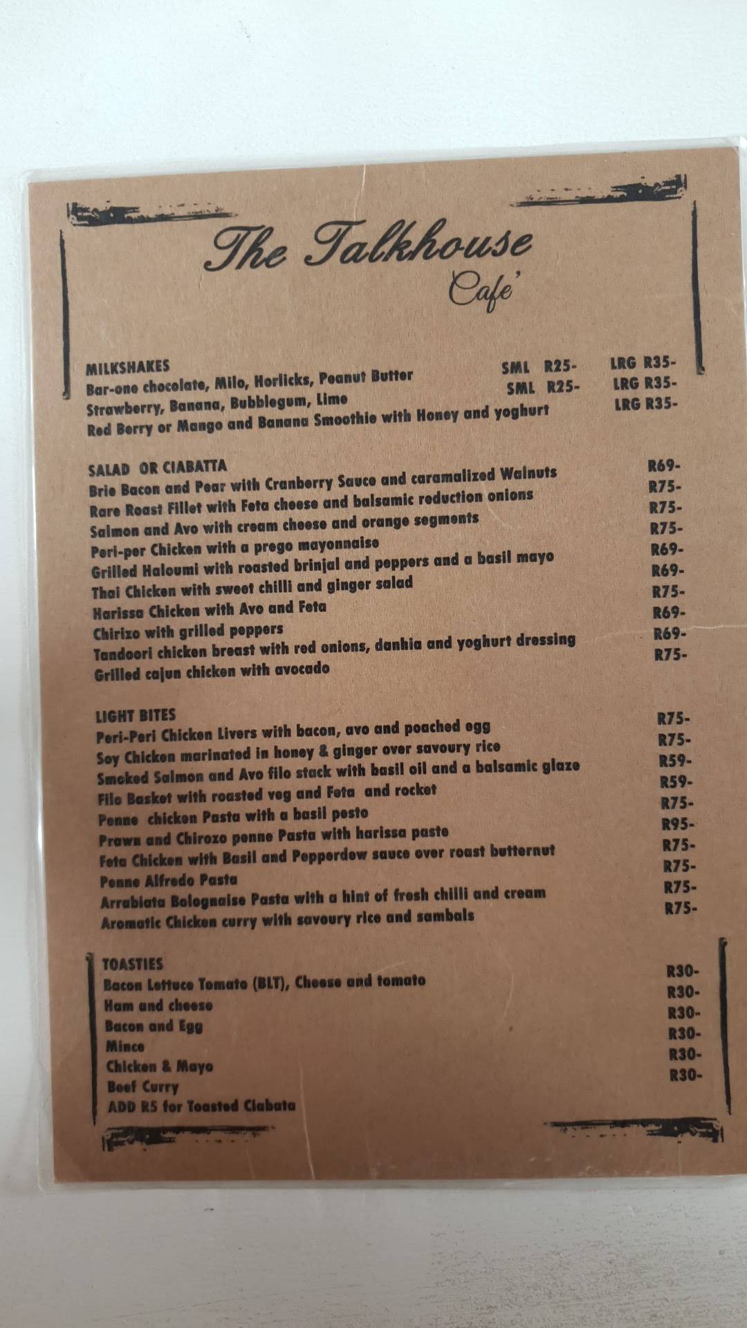 Menu at The Talkhouse Café cafe, Durban