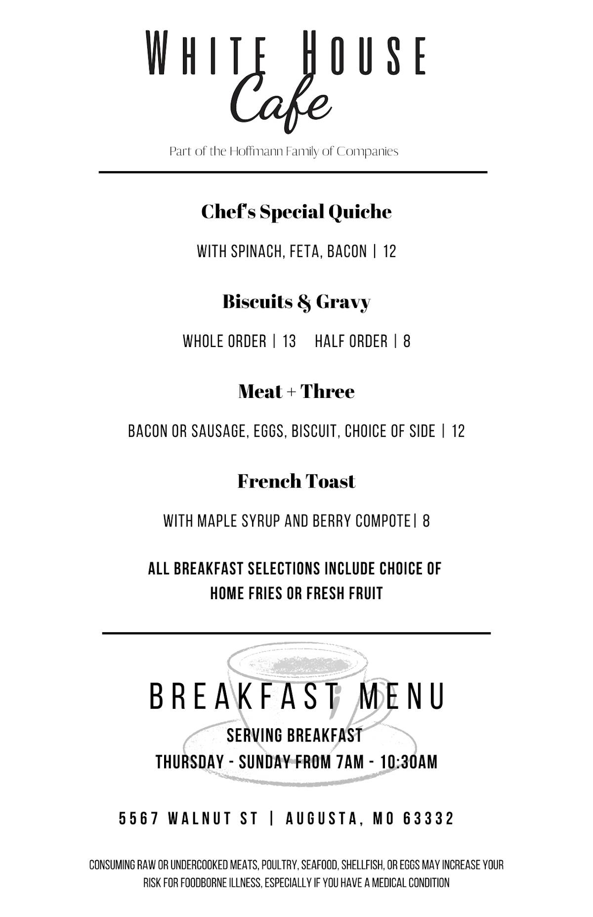 Menu at White House Cafe, Augusta