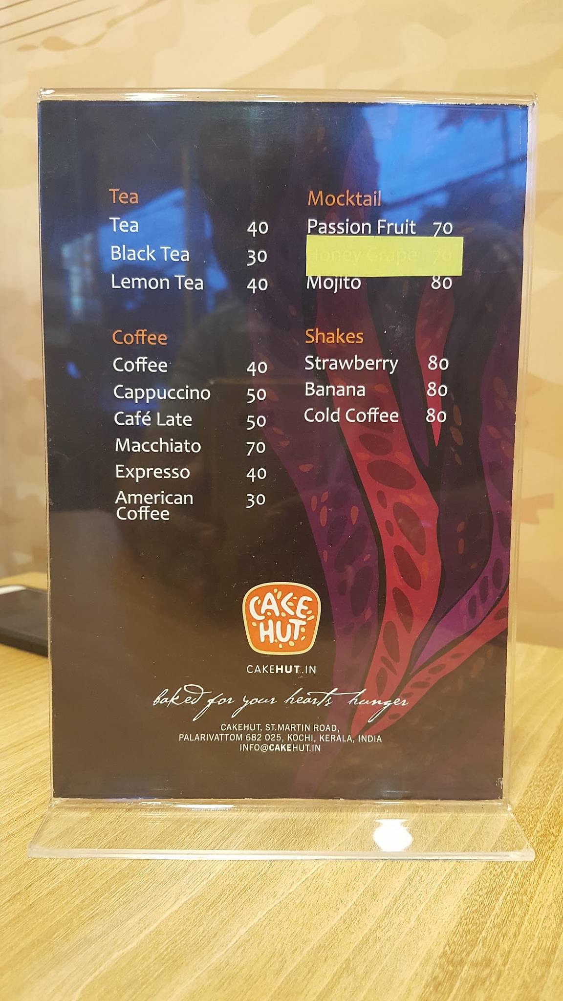 Menu at Cake Hut, Kochi, Near Petta Junction