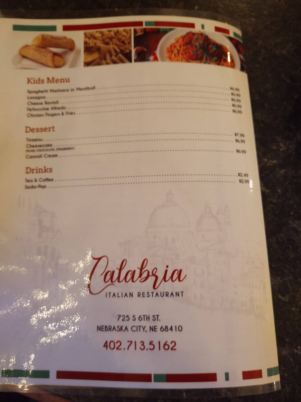 Menu at Calabria Italian Restaurant, Nebraska City