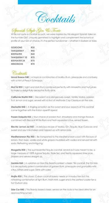 Menu at California Dreaming restaurant, Durban, 150 Marine Parade
