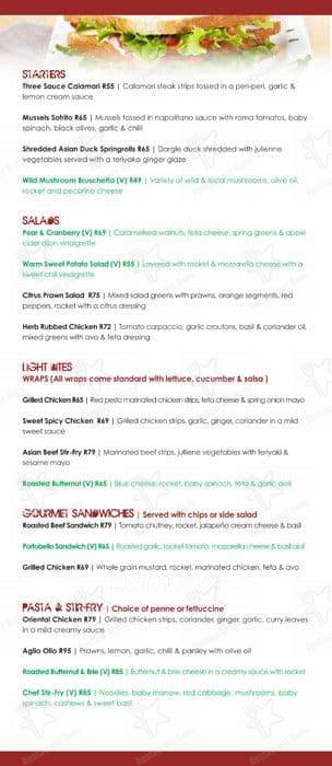 Menu at California Dreaming restaurant, Durban, 150 Marine Parade