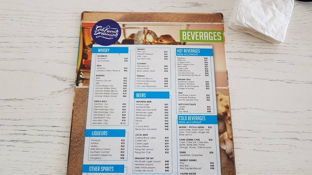 Menu at California Dreaming restaurant, Durban, 150 Marine Parade