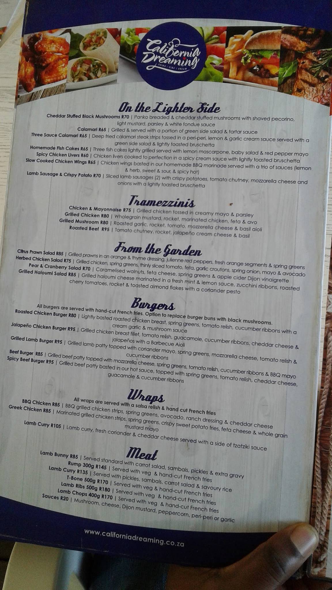 Menu at California Dreaming restaurant, Durban, 150 Marine Parade