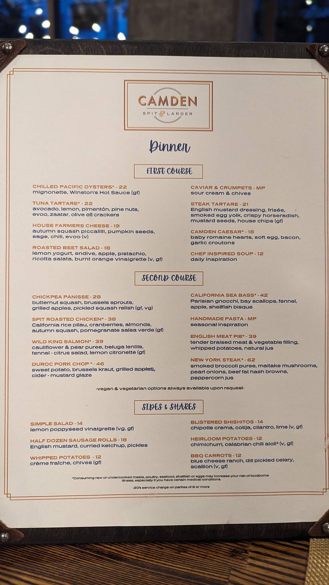 Menu at Camden Spit & Larder restaurant, Sacramento